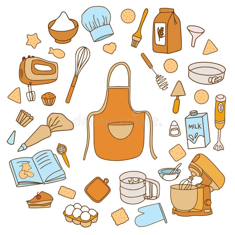 Set of Baking Items. Kitchen Equipment, Baker S Tools, Confectioner S Tools in Doodle Style ...