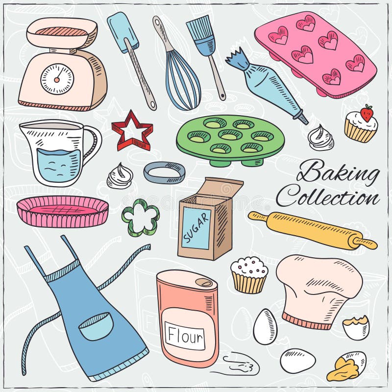 Set of Baking Tools. Hand Drawn Collection Stock Vector - Illustration ...