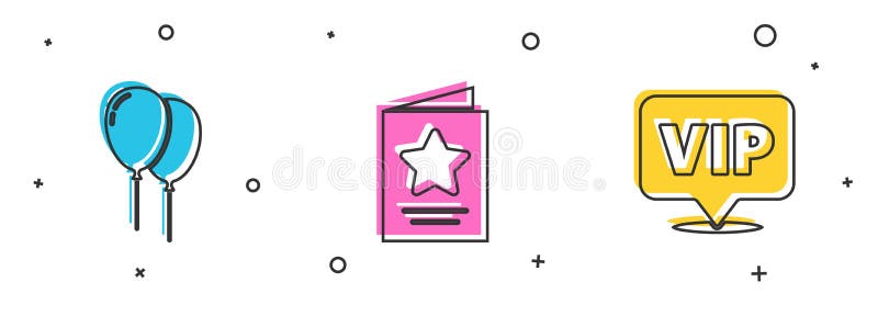 Set Balloons with Ribbon, Greeting Card and Location Vip Icon. Vector ...