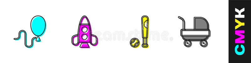 Set Balloons, Rocket Ship Toy, Baseball Bat with Ball and Baby Stroller ...