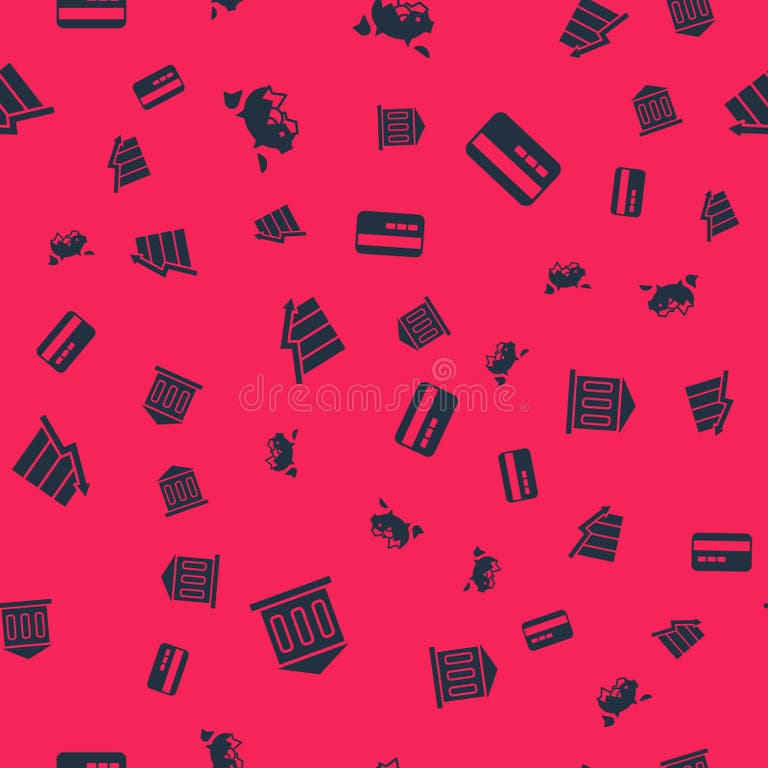 Set Bank Building, Broken Piggy Bank, Financial Growth Decrease and Credit Card on Seamless ...