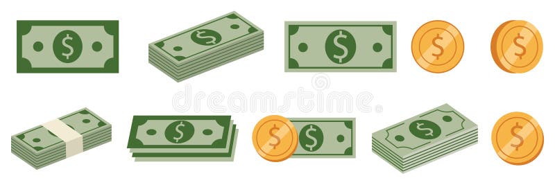 Set of Banknotes and Coins Isolated on White Background. Set of Gold ...