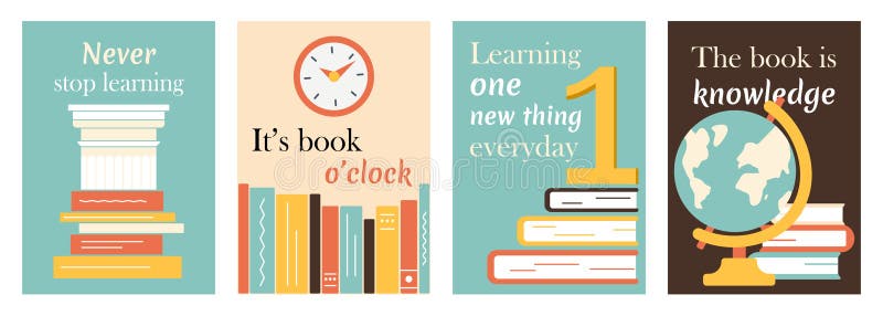 Set Banners of Books, Quotes. Architectural Column, Textbooks. Clock ...