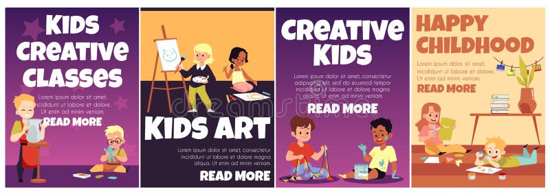 Set Banners or Cards for Kids Creative and Art Classes Flat Vector ...