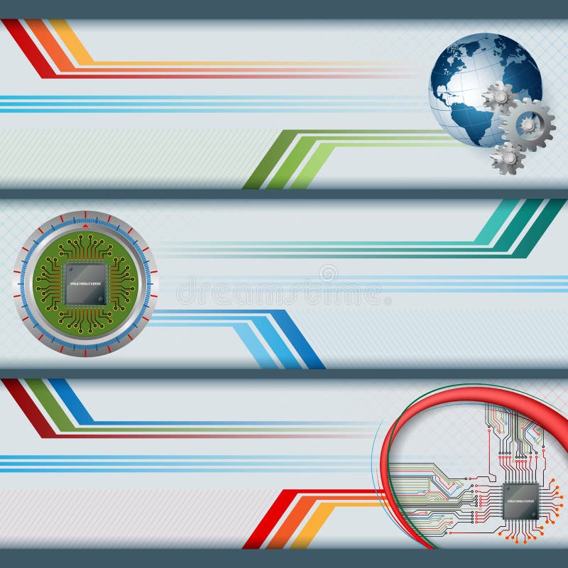Set of Banners with Processor Chip, Cogwheels, Earth Globe and Space ...