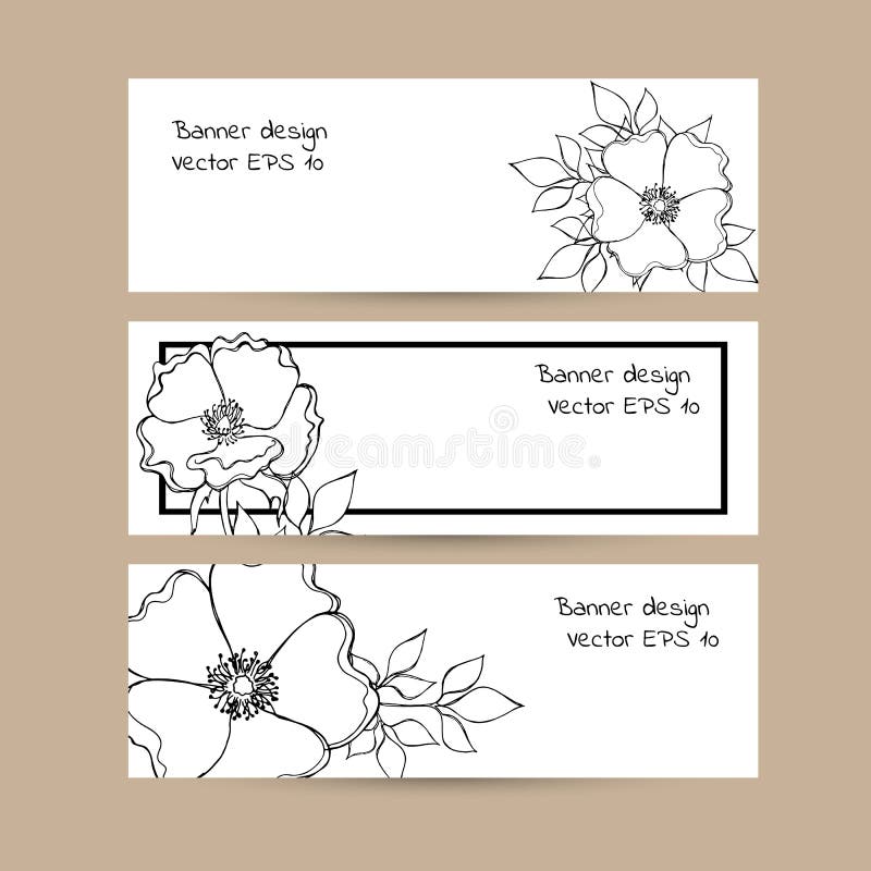 Set of 3 Banners with Hand Drawn Ink Rose Flower. Stock Vector ...