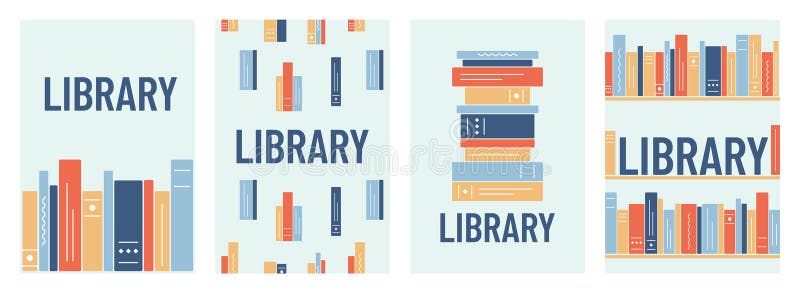 Set Banners Library and Books. Bookshelves, Bookcase. Word and Stack of ...