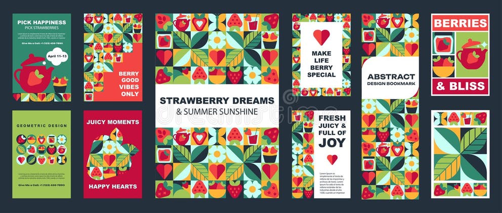 Set of Banners and Posters with Strawberry Pattern in Modern Geometric ...