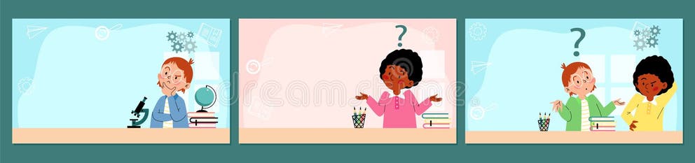 Set of Banners with Puzzled Confused School Children, Flat Vector ...