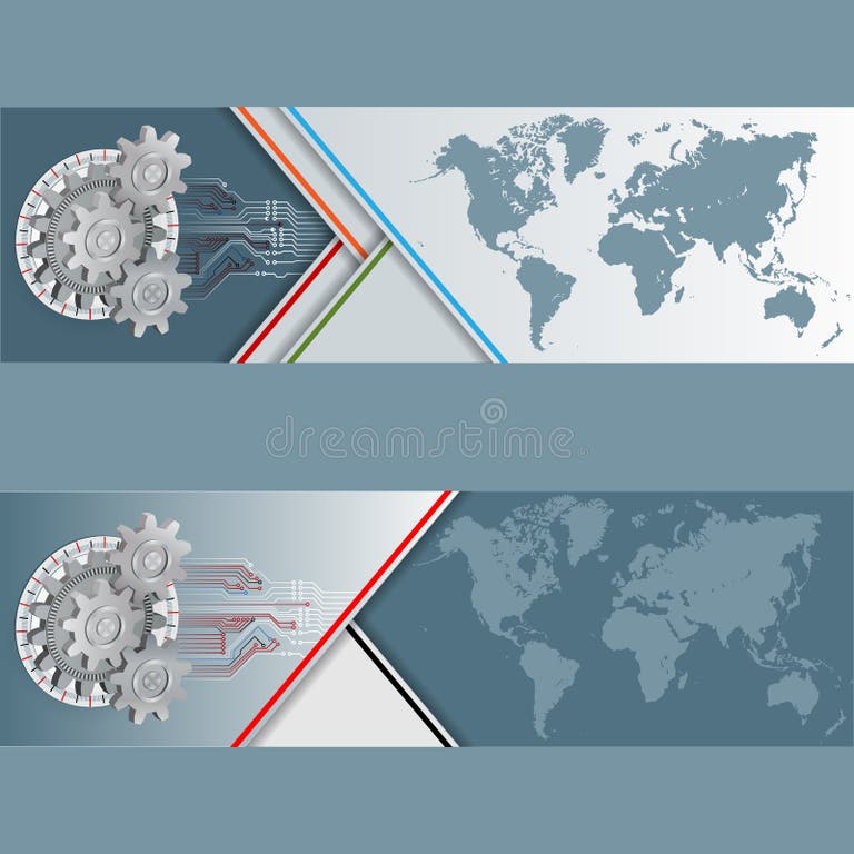 Set of Banners with World Map and Device Made of Gears Stock Vector ...
