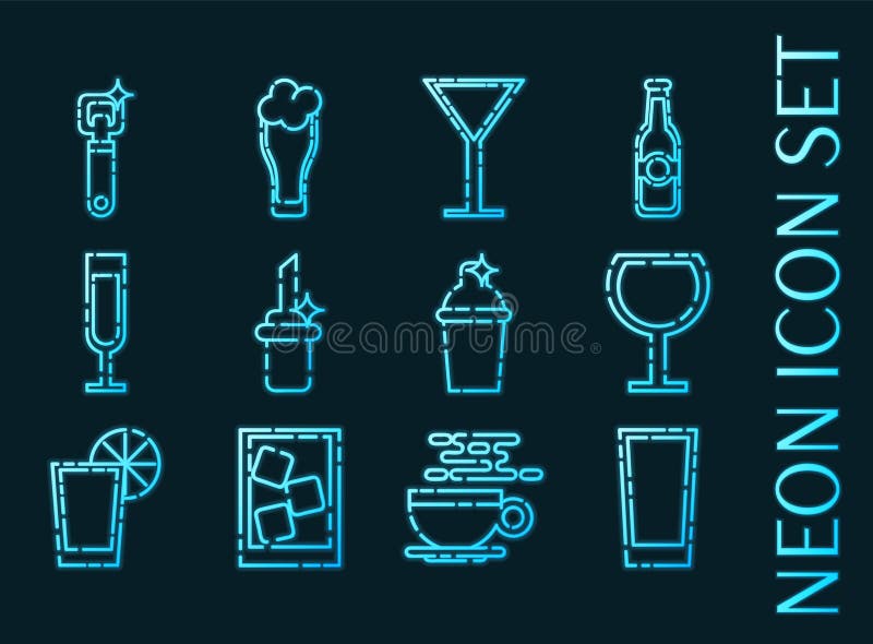 Set of Bar Blue Glowing Neon Icons. Stock Vector - Illustration of ...