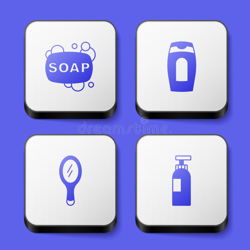 Set Bar of Soap, Bottle Shampoo, Hand Mirror and Icon. White Square ...