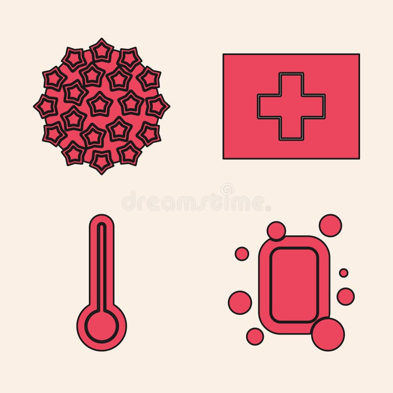 Set Bar of Soap, Virus, First Aid Kit and Medical Thermometer Icon ...