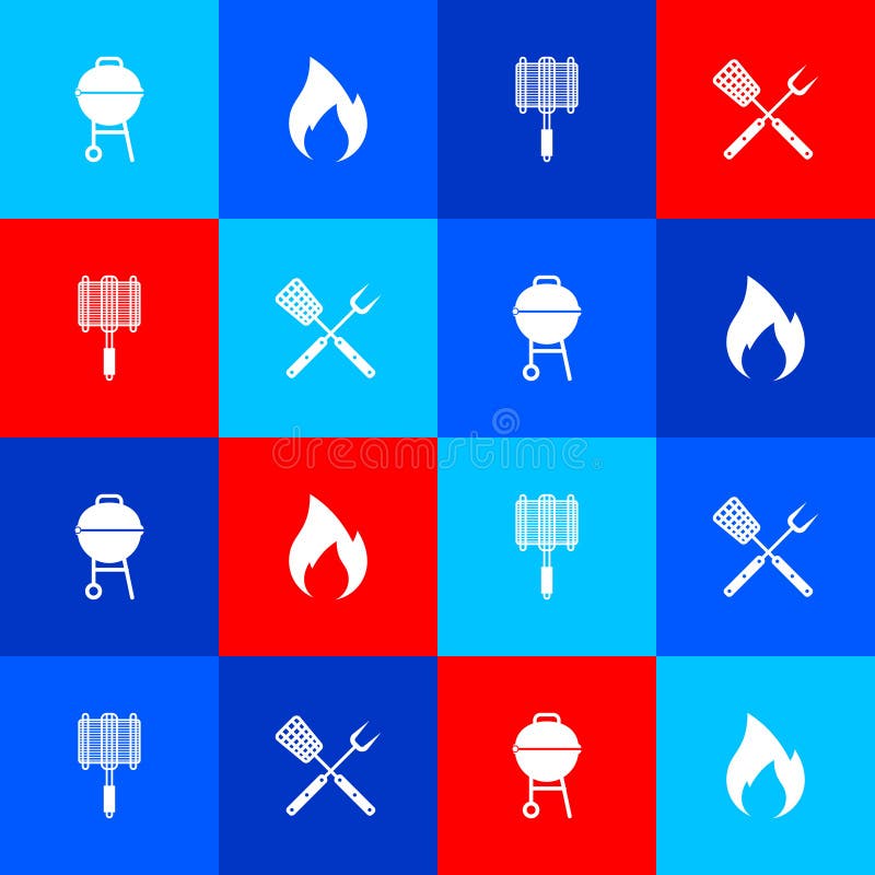 Set Barbecue Grill, Fire Flame, Steel Grid and Crossed Fork and Spatula ...