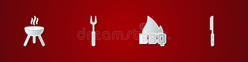 Set Barbecue Grill, Fork, Fire Flame and Knife Icon. Vector Stock ...