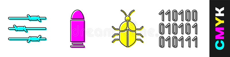 Set Barbed Wire, Bullet, System Bug Concept and Binary Code Icon. Vector Stock Vector ...