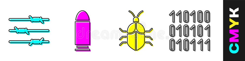 Set Barbed Wire, Bullet, System Bug Concept and Binary Code Icon. Vector Stock Vector ...