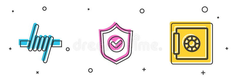 Set Barbed Wire, Shield with Check Mark and Safe Icon. Vector Stock ...