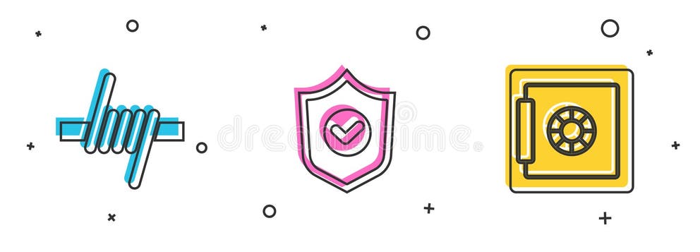 Set Barbed Wire, Shield with Check Mark and Safe Icon. Vector Stock ...