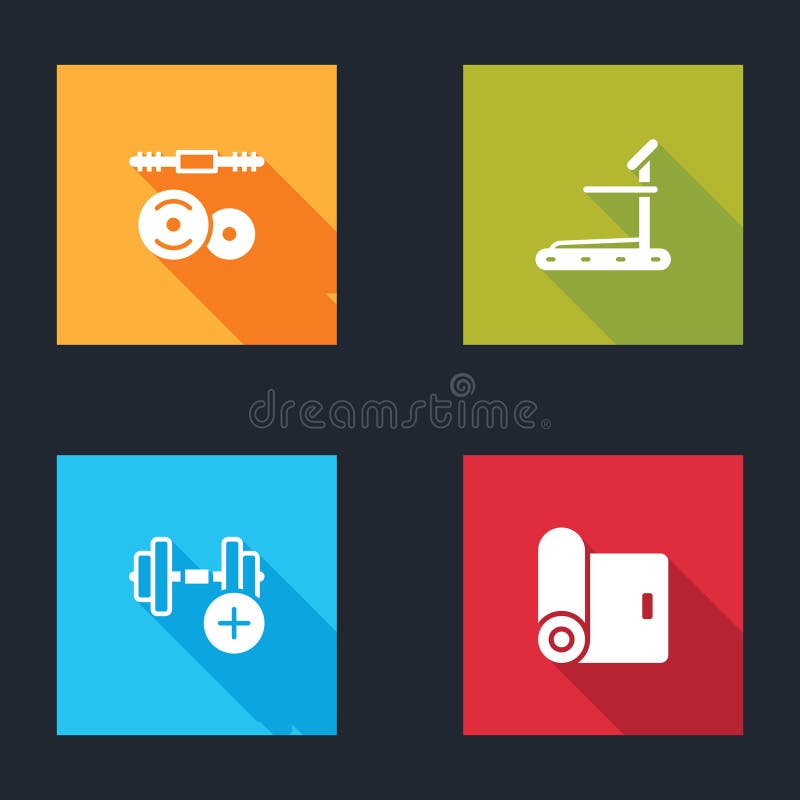 Set Barbell, Treadmill Machine, Dumbbell and Fitness Mat Roll Icon ...