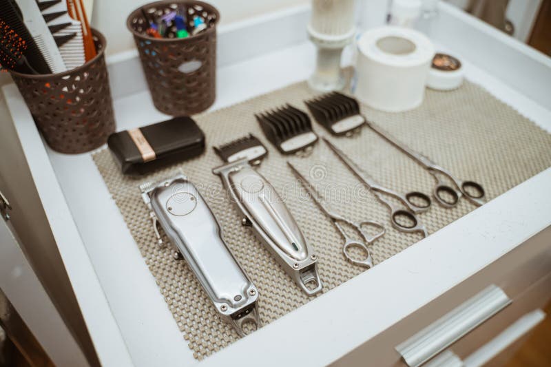 A Set of Barber Equipment Arranged on a Table Stock Image - Image of ...