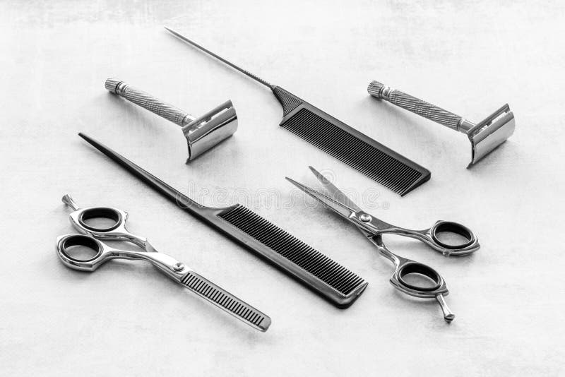 Set of Barber Shop Equipment with Hairdressing Scissors and Combs Stock ...