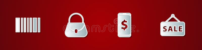 Set Barcode, Handbag, Smartphone with Dollar and Hanging Sign Sale Icon ...