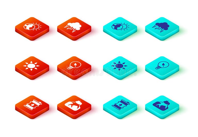 Set Barrel Oil, Deforestation, Sun, Light Bulb with Leaf, Storm and ...