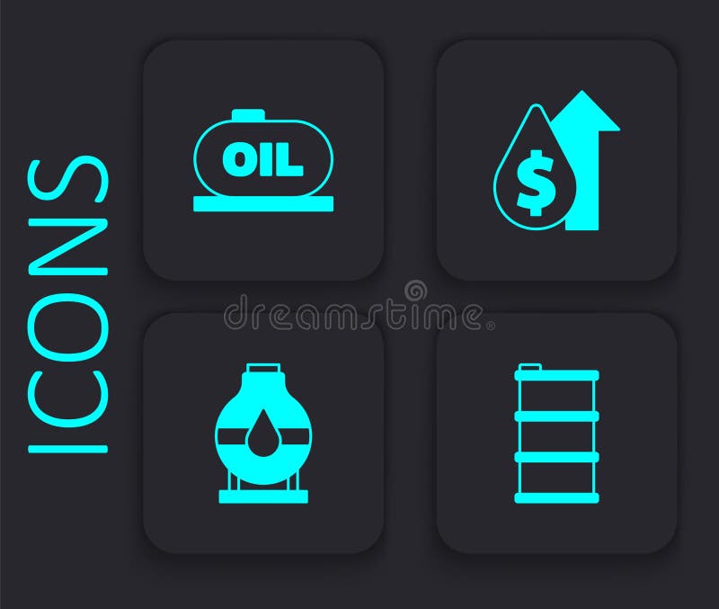 Set Barrel Oil, Oil Tank Storage, Price Increase and Icon. Black Square ...