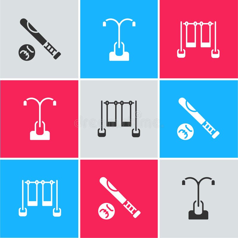 Set Baseball Bat with Ball, Street Light and Double Swing Icon. Vector ...