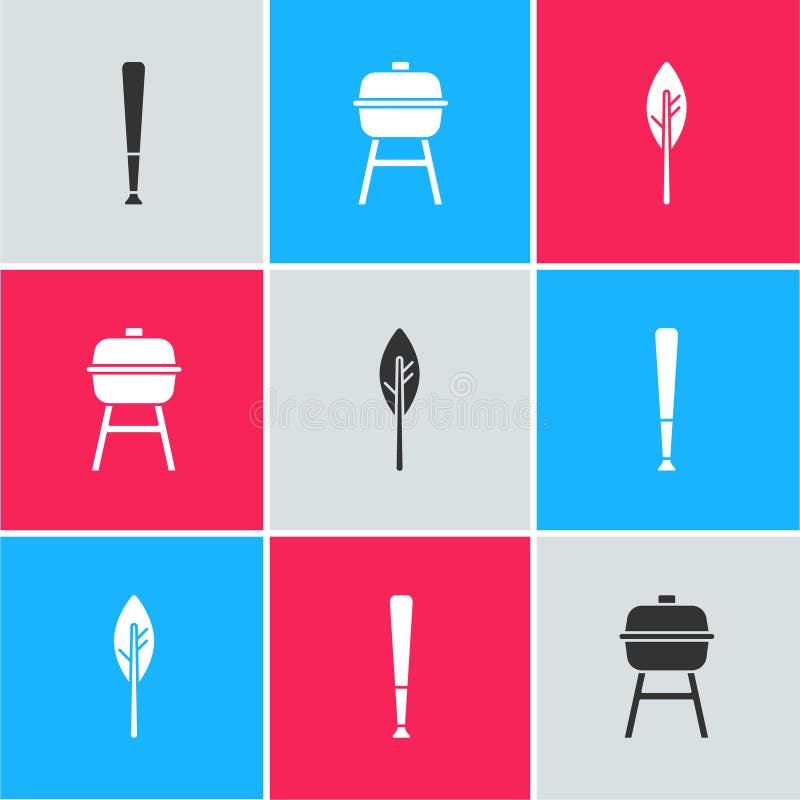 Set Baseball Bat, Barbecue Grill and Indian Feather Icon. Vector Stock ...