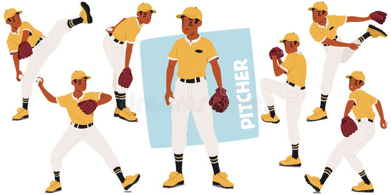 Set of Baseball Pitcher Character in Different Pitching Positions ...