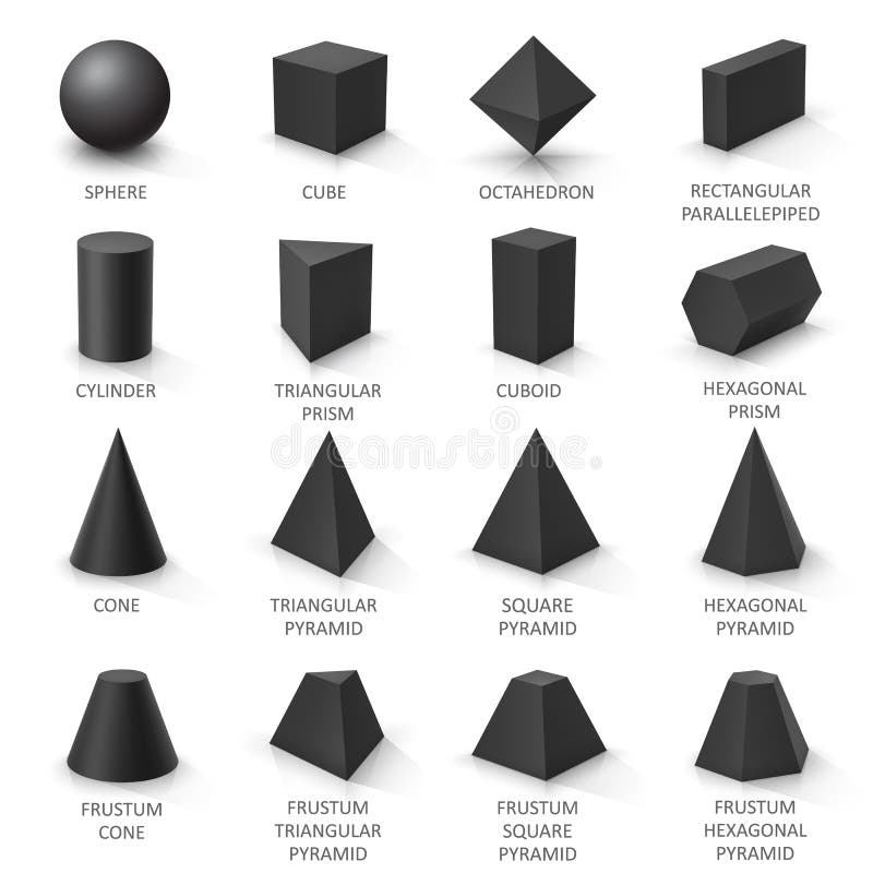 Set of Basic 3d Shapes. Black Geometric Solids on a White Background ...