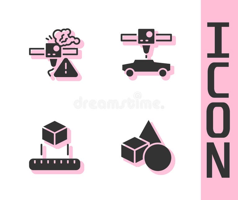 Set Basic Geometric Shapes, 3D Printer Warning, Isometric Cube and Car ...