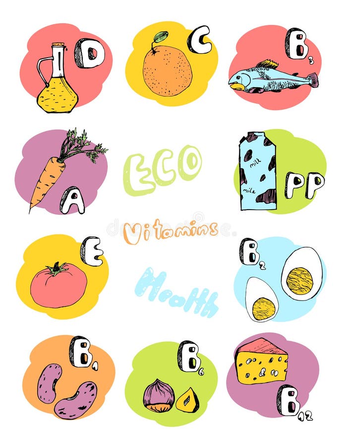 Set of Basic Vitamins from Food Stock Illustration - Illustration of ...