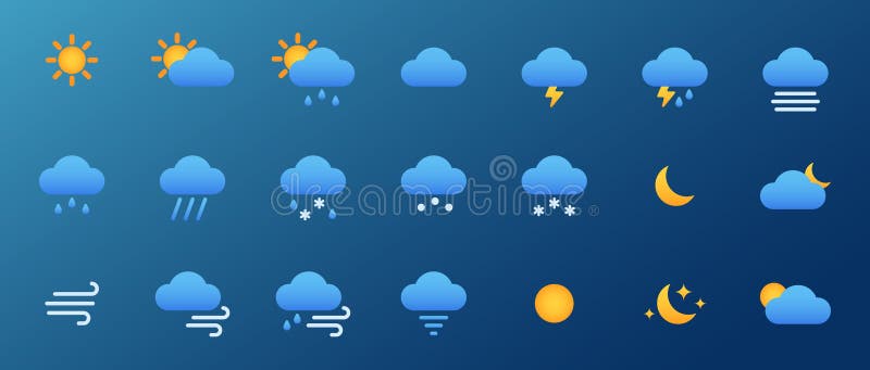 Set of 21 Basic Weather Icons with Gradient Colors. Stock Vector - Illustration of circle, cold ...