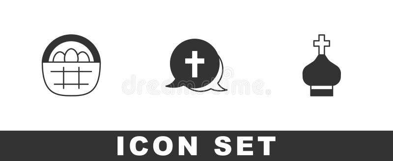 Set Basket with Easter Eggs, Christian Cross and Church Tower Icon ... Set Basket with Easter Eggs, Christian Cross and Church Tower Icon ...