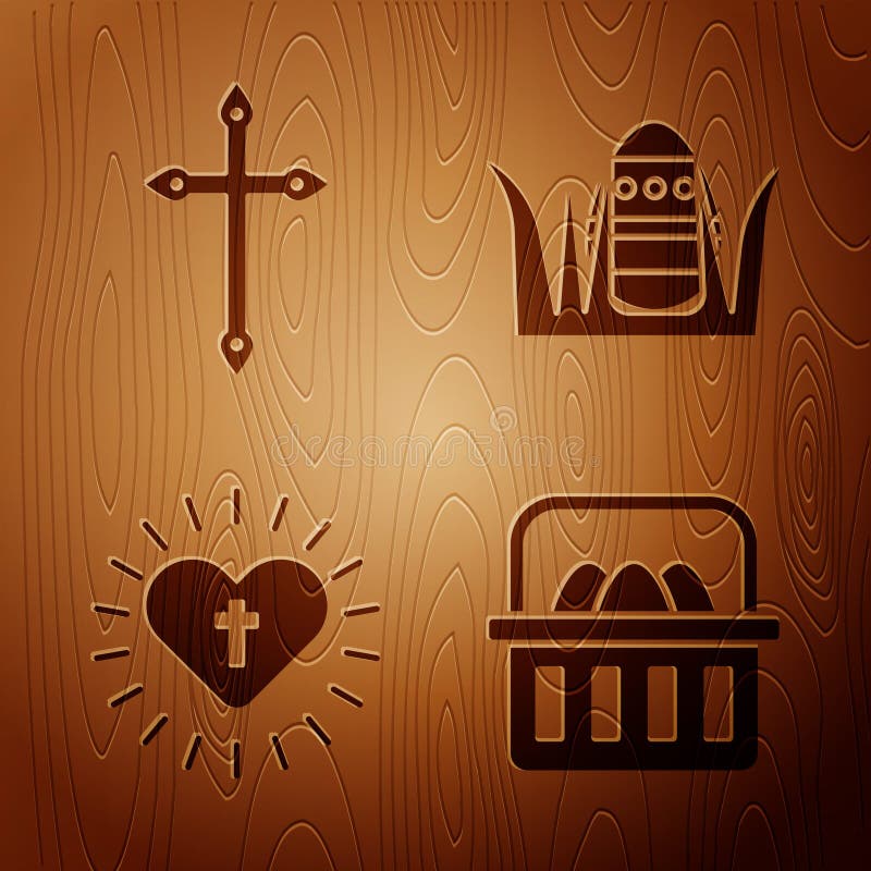 Set Basket with Easter Eggs, Christian Cross, Christian Cross and Heart ...