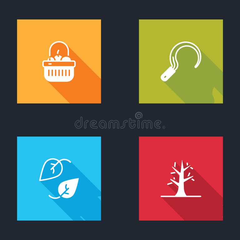 Set Basket and Food, Sickle, Leaf and Bare Tree Icon. Vector Stock ...