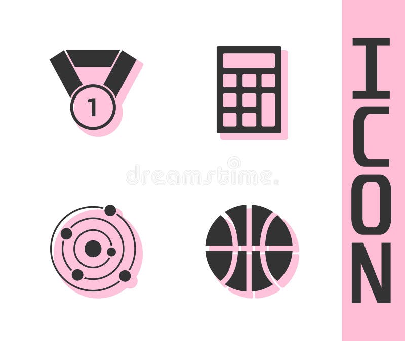 Set Basketball Ball, Medal, Solar System and Calculator Icon. Vector ...