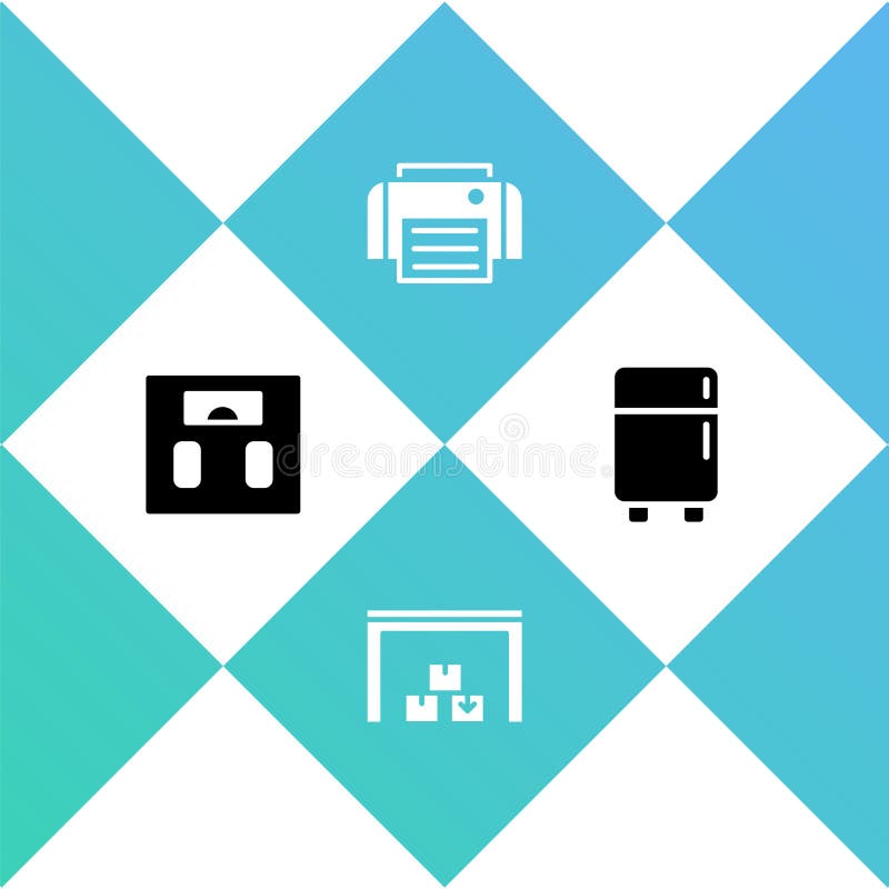 Set Bathroom Scales, Warehouse, Printer and Refrigerator Icon. Vector ...