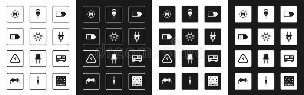 Set Battery Charge Level Indicator, Processor with Microcircuits CPU, Electric Scheme, Plug, USB ...