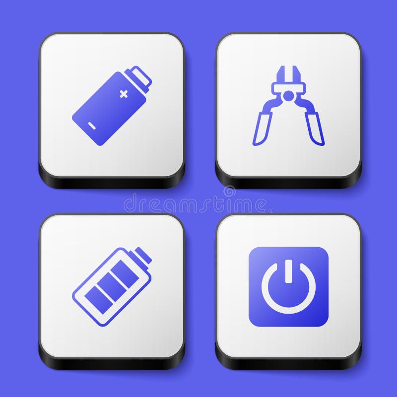 Set Battery Charge, Pliers Tool, and Power Button Icon. White Square ...