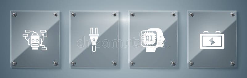 Set Battery, Humanoid Robot, Electric Plug and Robot. Square Glass ...