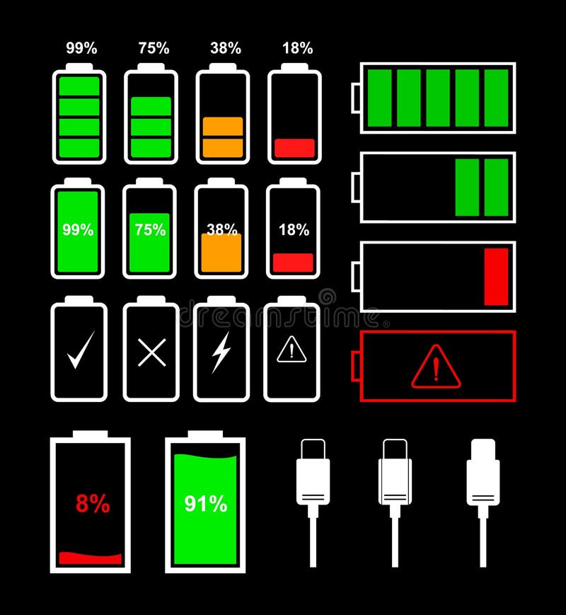 Set of Battery Indicator Icons and Charger Connector Stock Vector ...