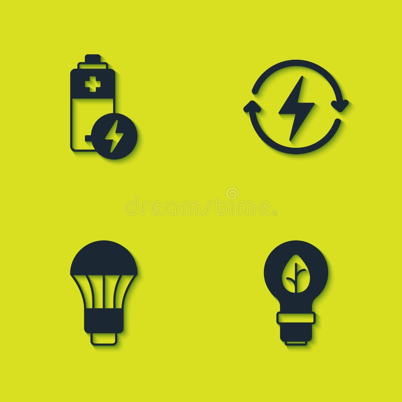 Set Battery, Light Bulb with Leaf, LED Light and Recharging Icon ...