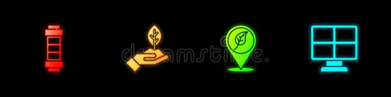 Set Battery, Plant in Hand, Location with Leaf and Solar Energy Panel ...