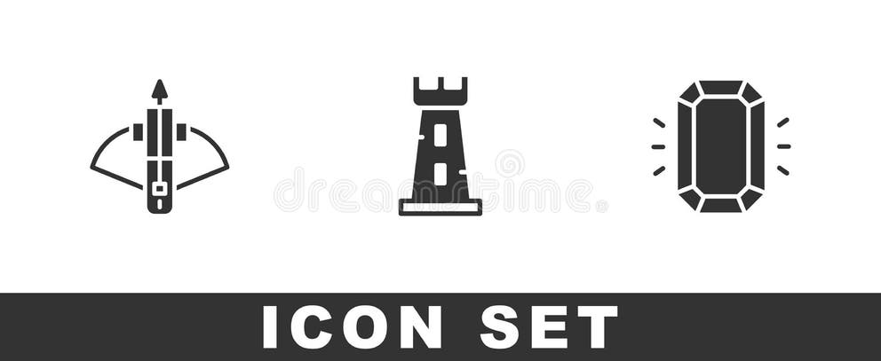 Set Battle Crossbow with Arrow, Castle Tower and Diamond Icon. Vector ...