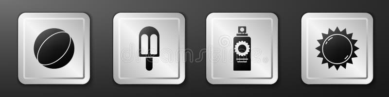 Set Beach Ball, Ice Cream, Sunscreen Spray Bottle and Sun Icon. Silver ...
