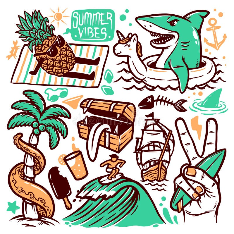 Set of Beach Doodle Illustrations Stock Vector - Illustration of cute ...